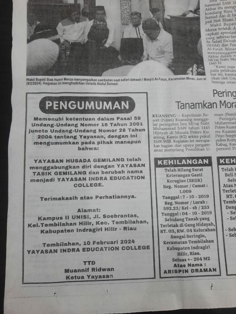 Pengumuman Penggabungan Yayasan – Yayasan Indra Education College